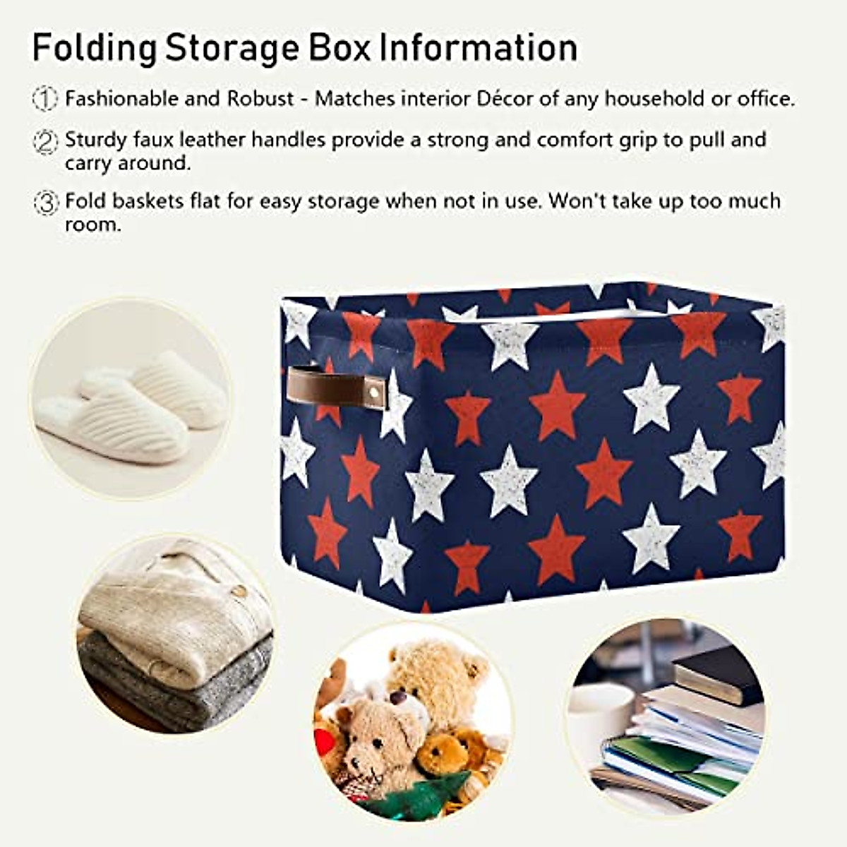 Patriotic Stars Memorial Independence Day Storage Basket Fabric Storage Bin American Flag Fourth of July Foldable Storage Boxes for Baby Cloth Dog Toy Book Storage Cubes Shelf Closet Basket 16×12×8