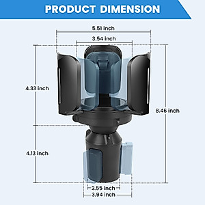 Cup Holder Expander for Car with Adjustable Holder & Base, Compatible with 10-64oz Yeti Ramblers, Stanley, Hydro Flask, Nalgene, Hold 2.9"-5.5" Large Bottles Mugs Food Drink, Car Cup Holder
