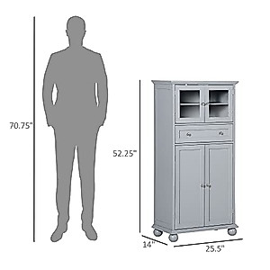 HOMCOM 52" Traditional Kitchen Pantry, Floor Storage Cabinet, Small Cupboard Organizer with Adjustable Shelves and 4-Doors for Dining Room, Living Room, Grey