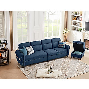 Jarenie 107" Convertible Sectional Sofa, 4-Seat L Shaped Couch with Storage Chaise and Side Pocket, Modern Linen Fabric Sectional Couches for Living Room, Dark Blue