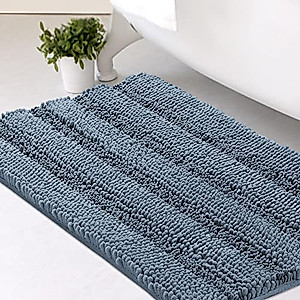 Bath Rugs for Bathroom Non Slip Bath Mats Extra Thick Chenille Striped Rug 20" x 32" Absorbent Non Skid Fluffy Soft Shaggy Washable Dry Fast Plush Mat for Indoor, Bath Room, Tub - Stone Blue