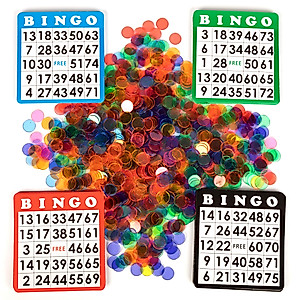 Royal Bingo Card and Chips Expansion Pack for 100 People - 100 Playing Cards, 1,000 Mixed Bulk Bingo Chips Translucent Colors