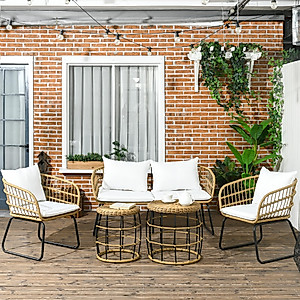 Outsunny 5 Piece PE Rattan Outdoor Furniture Set with Cushioned Chairs & Loveseat Sofa, Patio Sectional Furniture Set, Conversation Sofa Set with Stackable Coffee Tables, Cream White