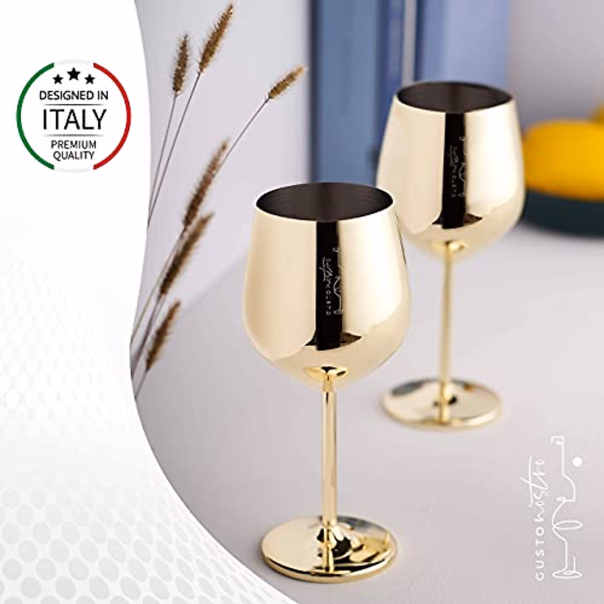 Gusto Nostro Stainless Steel Wine Glass - 18 oz Unbreakable Gold Wine Glasses for Travel, Camping and Pool - Fancy, Unique and Cute Portable Metal Wine Glass for Outdoor Events, Picnics (Set of 2)