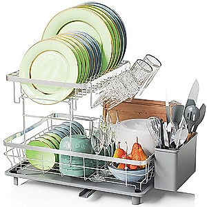 LIONONLY Dish Drying Rack 2 Tier, Dish Rack with Drainboard, Durable Stainless Steel Dish Racks for Kitchen Counter,Detachable Kitchen Dish Rack Dish Strainer Rack for Dishes, Knives, Spoons, Forks