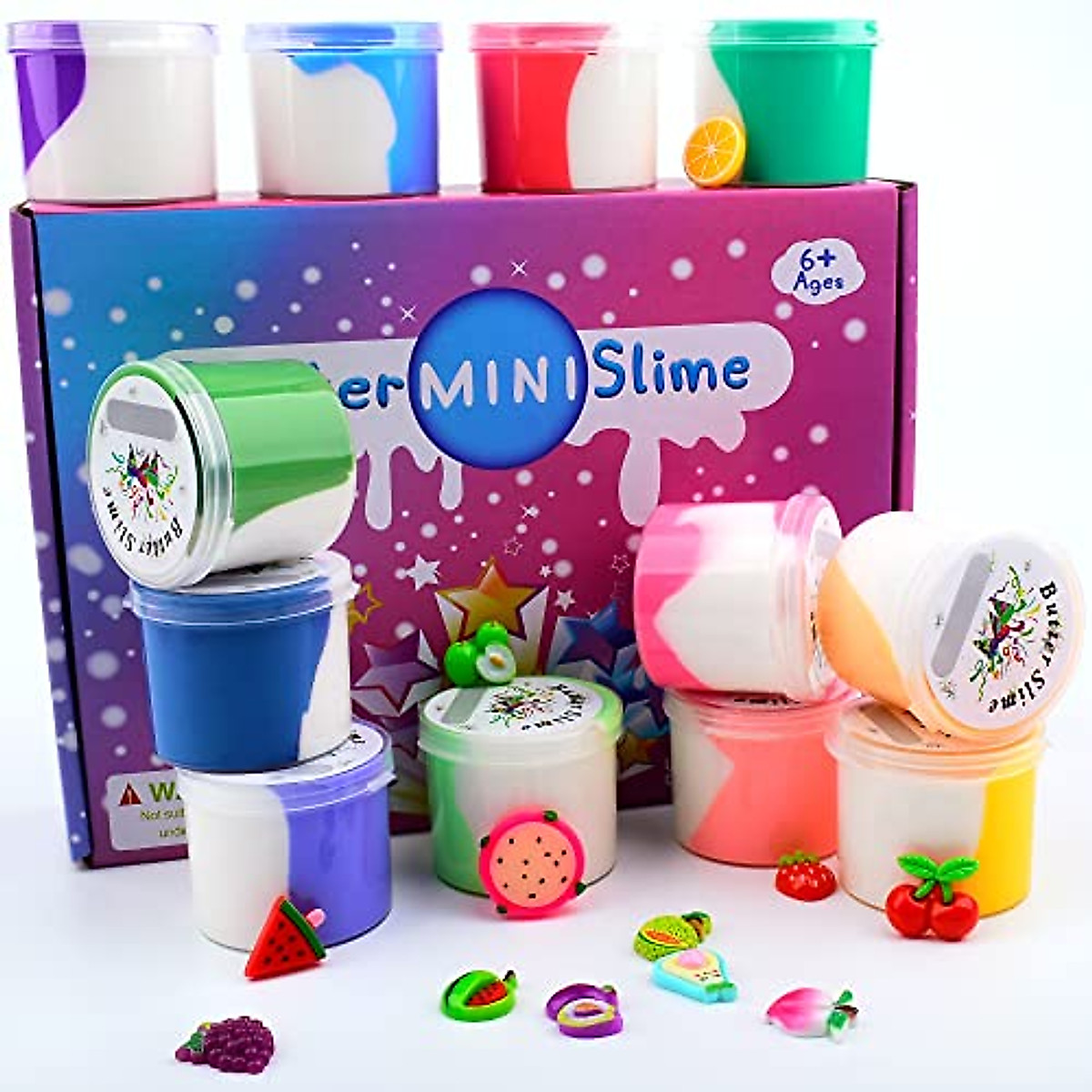 12 Pack Fruit Butter Slime Kits for Kids, with Watermelon, Lemon, Peachybbies, Strawberry, Avocado and Cherry Charm,Cute Stuff for Girls Fragrant DIY Slime, Stress Relief Toys for Girls and Boys.