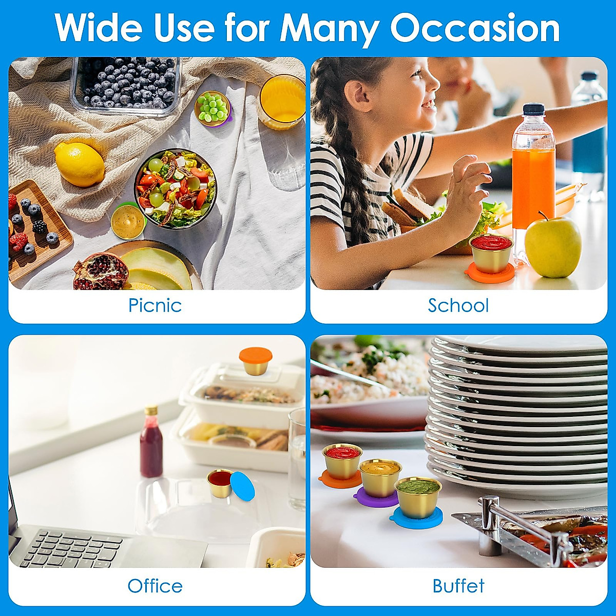 GuDoQi 8 Pack Salad Dressing Container To Go, 2.4oz Small Condiment Containers with Leakproof Silicone Lids, Gold Stainless Steel Reusable Sauce Cups for Lunch Bento Box, Picnic and Travel