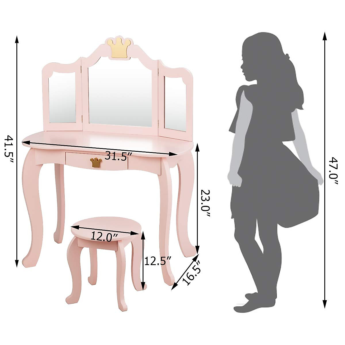MAT EXPERT Kids Vanity Table & Stool, Princess Makeup Dresser w/Removable Tri-Folding Crown Mirror, 2 in 1 Wooden Kids Girl Vanity w/Drawer, Princess Pretend Play Makeup Dresser Gift (Pink)