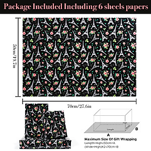 NEPOG Eiffel Tower Wrapping Paper, Black Paris Eiffel Tower Flower Gift Wrapping Paper for Women Men Boys, 6 Sheets Folded Flat 20x28 inches per Sheet for Wedding, Mother's Day, Birthday Party