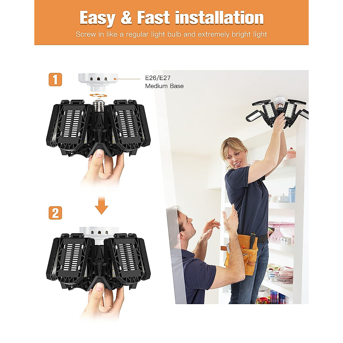 ESSNAMS 2 Pack LED Garage Lights, 180W 18000LM Garage Led Light, 6500K Deformable Led Garage Lights with 10+1 Adjustable Panels, Garage Lighting Ceiling LED for Garage, Barn, Basement (2 Pack)