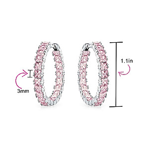 Bridal Square Simulated Pink Tourmaline Cubic Zirconia Brilliant Princess Cut AAA CZ Inside Out Statement Hoop Earrings For Women Prom Silver Plated 1.25 Diameter
