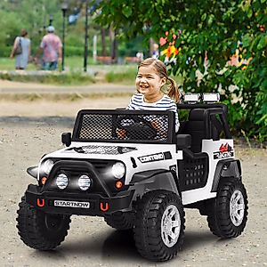 Costzon 2-Seater Ride on Truck, 12V Battery Powered Electric Vehicle w/Remote Control, 2 Speeds, Spring Suspension, LED Light, Horn, Music/ MP3, 2 Doors Open, Ride on Car for Kids (White)
