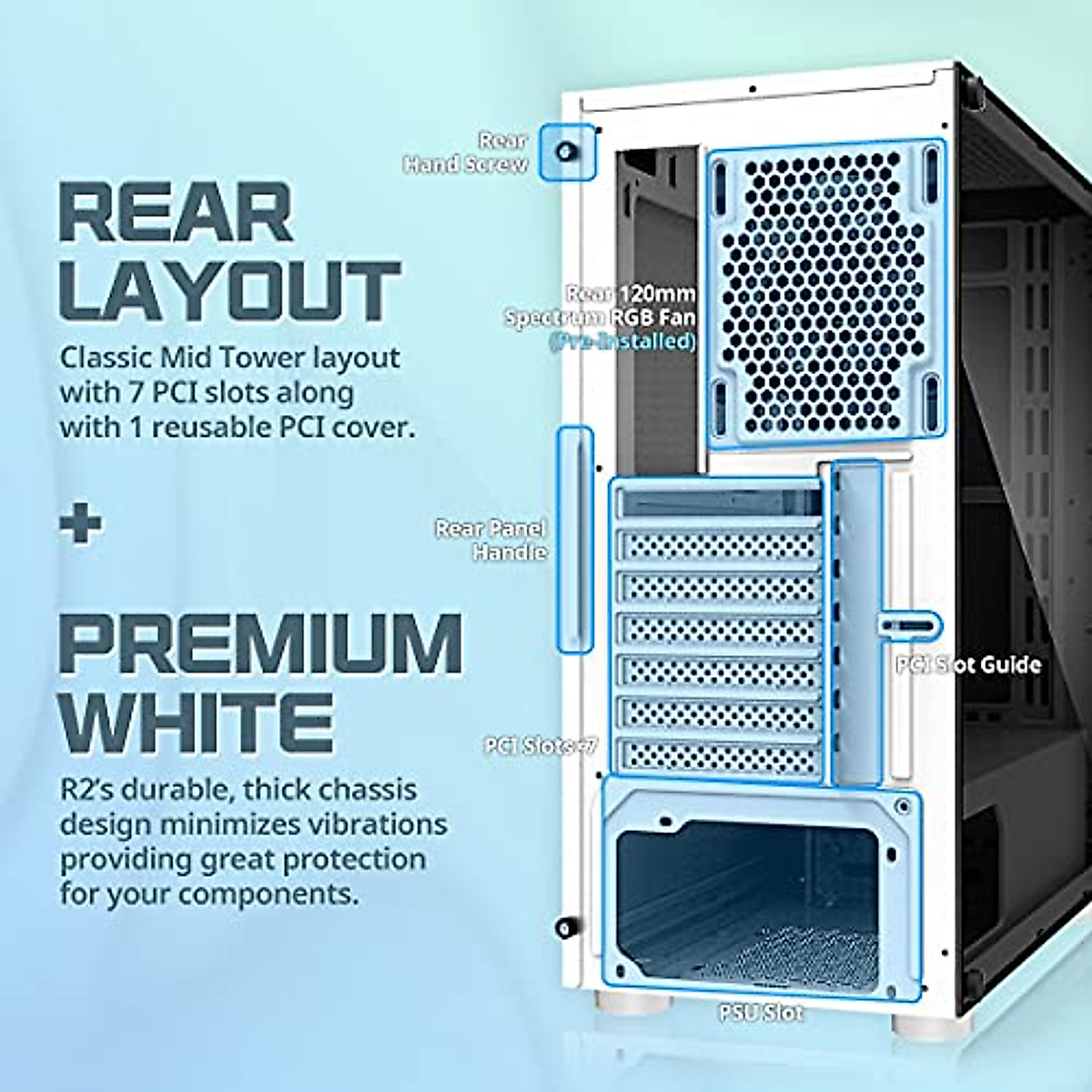 Zalman R2 White ATX Mid Tower Gaming PC Case, Mesh Front Panel, Tempered Glass, Top I/O Ports, 120mm Spectrum RGB LED Fan, Cooling System - White