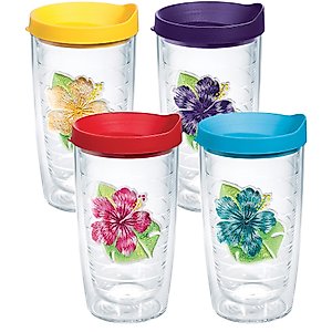 Tervis Tropical Hibiscus Collection Made in USA Double Walled Insulated Tumbler Travel Cup Keeps Drinks Cold & Hot, 16oz 4pk, Assorted Island Hibiscus - With Lid