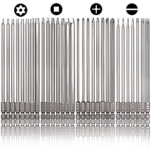 30 Pcs Long Magnetic Screwdriver Bit Set 4 Inch, Mixiflor 1/4 Inch Hex Shank S2 Steel Magnetic 4 Inch Long Drill Bits with Storage Box(Slotted+Cross+Square +Torx)