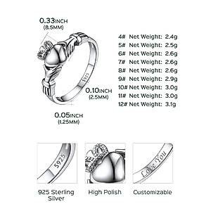 ChicSilver Claddagh Rings for Women Irish Heart Rings for Women 925 Sterling Silver Rings for Women