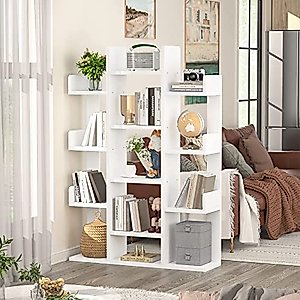 Aheaplus Bookshelf, Tree-Shaped Bookcase Storage Shelf with 13 compartments, Books Organizer Display Cube Shelves, Industrial Free Floor Standing Wood Open Bookshelves for Home, White