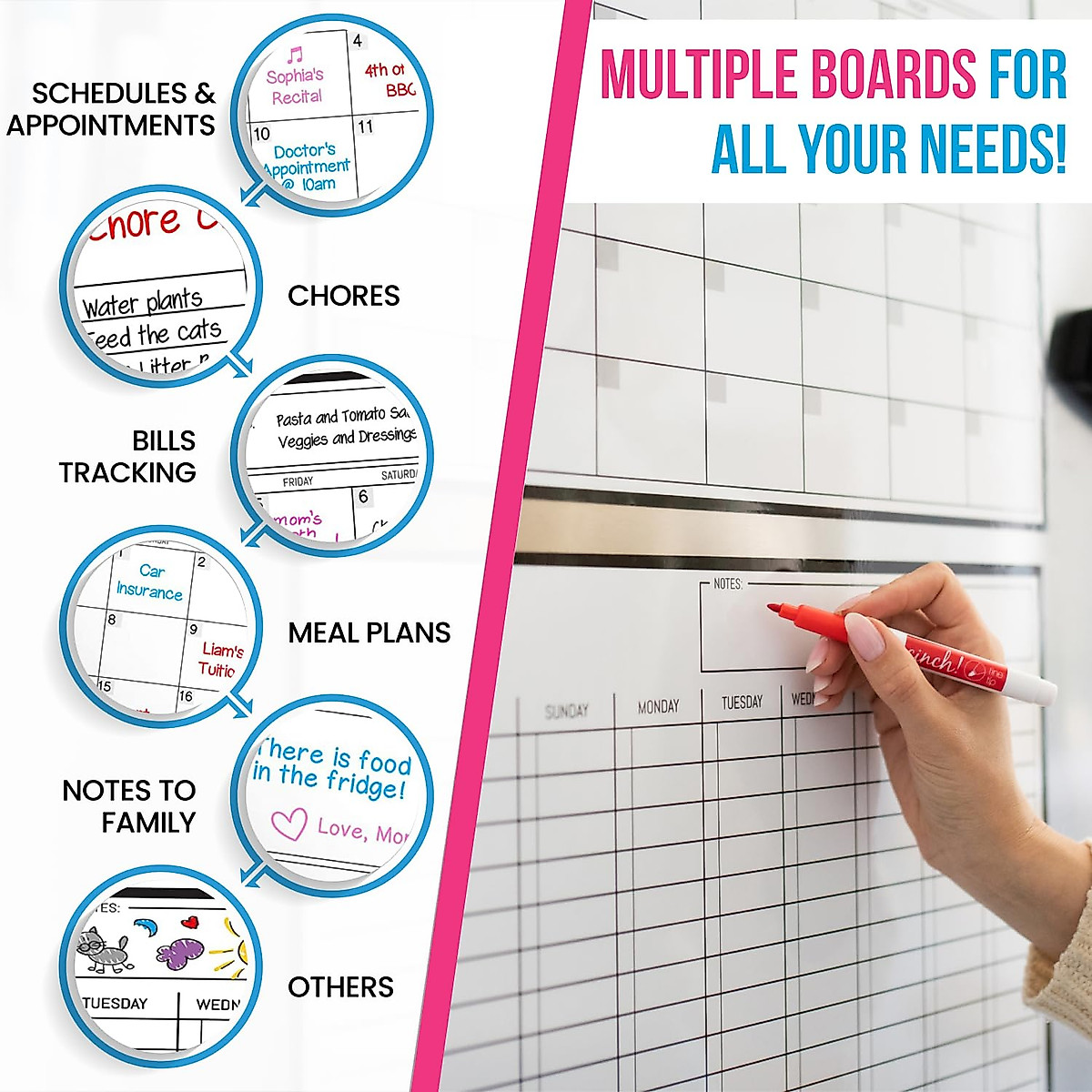 Magnetic Dry Erase Calendar and Chores Chart Bundle for Fridge: 2 Boards Included 17x12" - 6 Fine Tip Markers and Large Eraser with Magnets | Magnetic Chore Chart - Chore Board for Kids and Adults