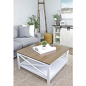 AuldHome Rustic Wood Serving Tray; White Wooden Farmhouse Shiplap Decorative Ottoman Tray with Black Metal Handles, 17 x 13 Inches