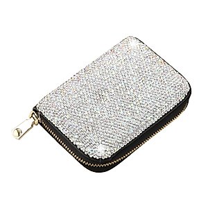 AsAlways RFID Rhinestone Credit Card Holder Multilayer Zipper Case Bling Crystal Slim Small Wallet for Women