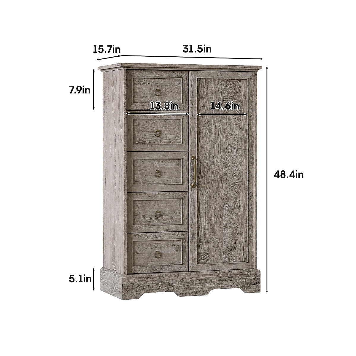 Vabches Dresser for Bedroom, 5 Drawers Dresser Organizer with Sliding Barn Door, 48" Tall Farmhouse Chest of Drawers, Wood Dresser for Hallway, Bedroom, Living Room, Rustic Washed Grey