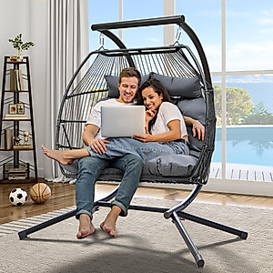 YITAHOME Hanging Egg Swing Chair with Stand Egg Chair Wicker Indoor Outdoor Hammock Egg Chair with Cushions 550lbs for Patio, Bedroom, Garden and Balcony, Dark Gray(Stand Included)