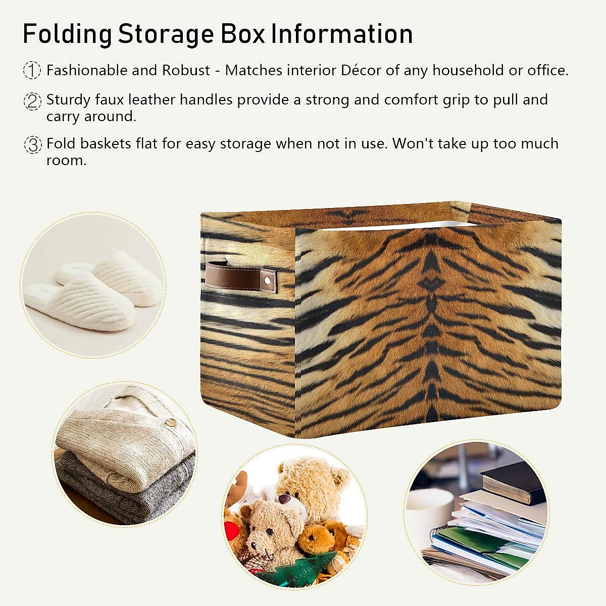 Animal Tiger Leopard Print Storage Basket Bin Large Fabric Toys Storage Cube Box with Handles Collapsible Closet Shelf Cloth Organizer Basket for Nursery Bedroom