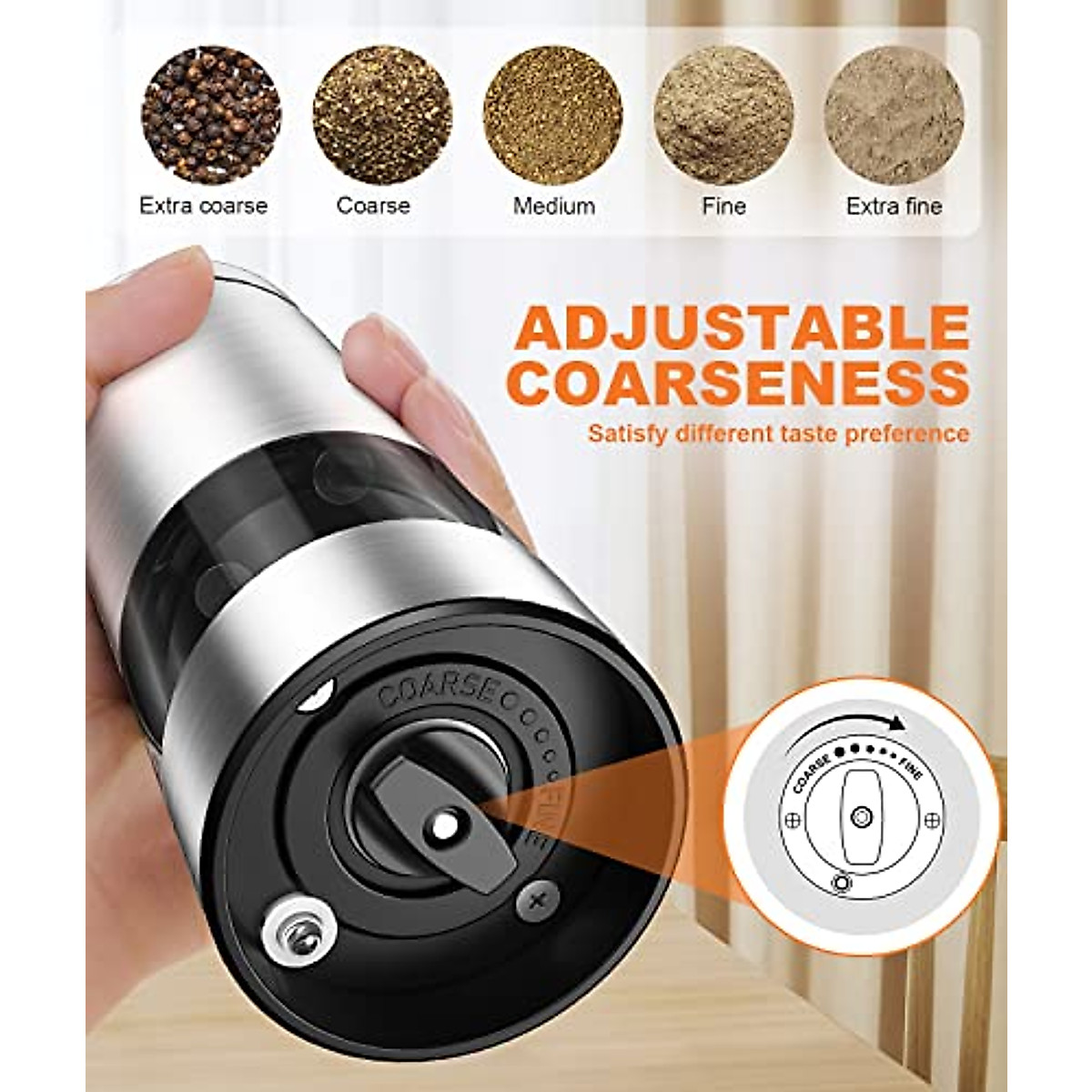 OUWMAN 2 Pack Electric Salt and Pepper Grinder Set, Automatic Stainless Steel Pepper Mill Grinder with Convenient One Hand Operation, LED Light, Adjustable Coarseness, Cleaning Brush, Battery Powered