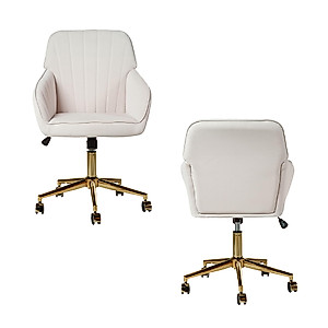 YITAI Velvet Office Desk Chair with Wheels and Gold Base,Modern Height Adjustable 360 Degree Swivel Upholstered Vanity Chairs with Arms for Living Room Bedroom, Study,Cream