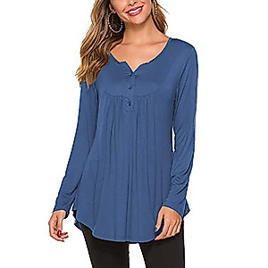 Halife Womens Long Sleeve Tops to Wear with Leggings Henley V Neck T Shirts Pleated Tunic Fall Blouse Blue L