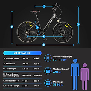 HOTEBIKE Electric Bike for Adults with 350W Motor 36V 10Ah Removable Battery 26" Ebike Cruiser Electric Bicycle Step-Thru Commuter Bike 21 Speed & Front Suspension