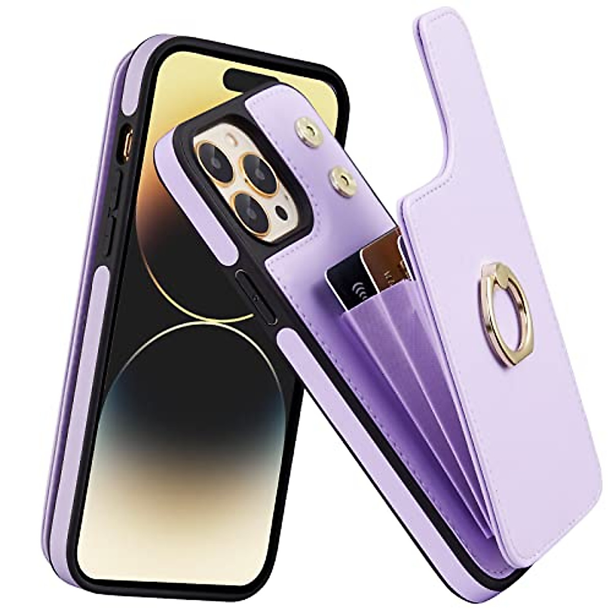 Elteker Phone Case Compatible with iPhone 14 Pro Case with Card Holder,RFID Blocking Wallet Case for Women with Ring-Holder Case for iPhone 14 Pro - Purple