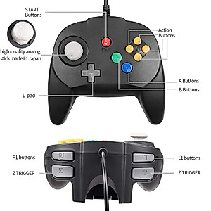 MODESLAB 2 Pack Wired N64 Controller, Gamepad Joystick Replacment Original 64 Controllers Compatible for N64 Console Upgrade [ 3D Analog Stick ] - Black