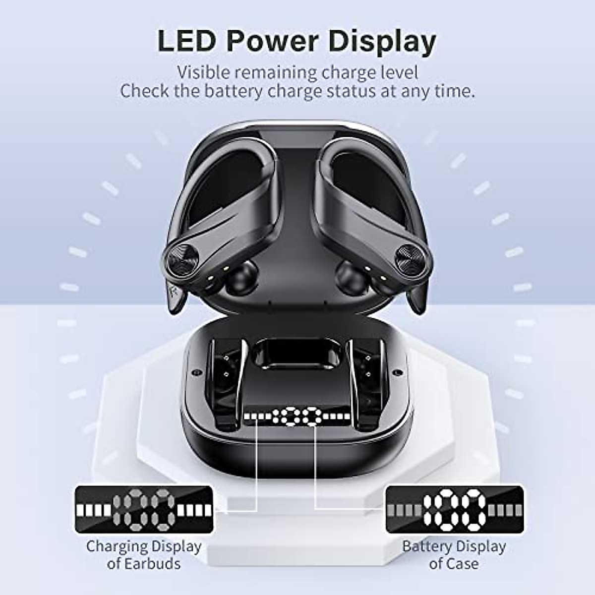 Ear Hook Bluetooth Headphones,Over Ear Earbuds for Sport, 96Hrs Playtime Sport Headphones with Charging Case and LED Digital Display Built in Mic IPX7 Waterproof Headphones, Bass Sound (Small-sport)