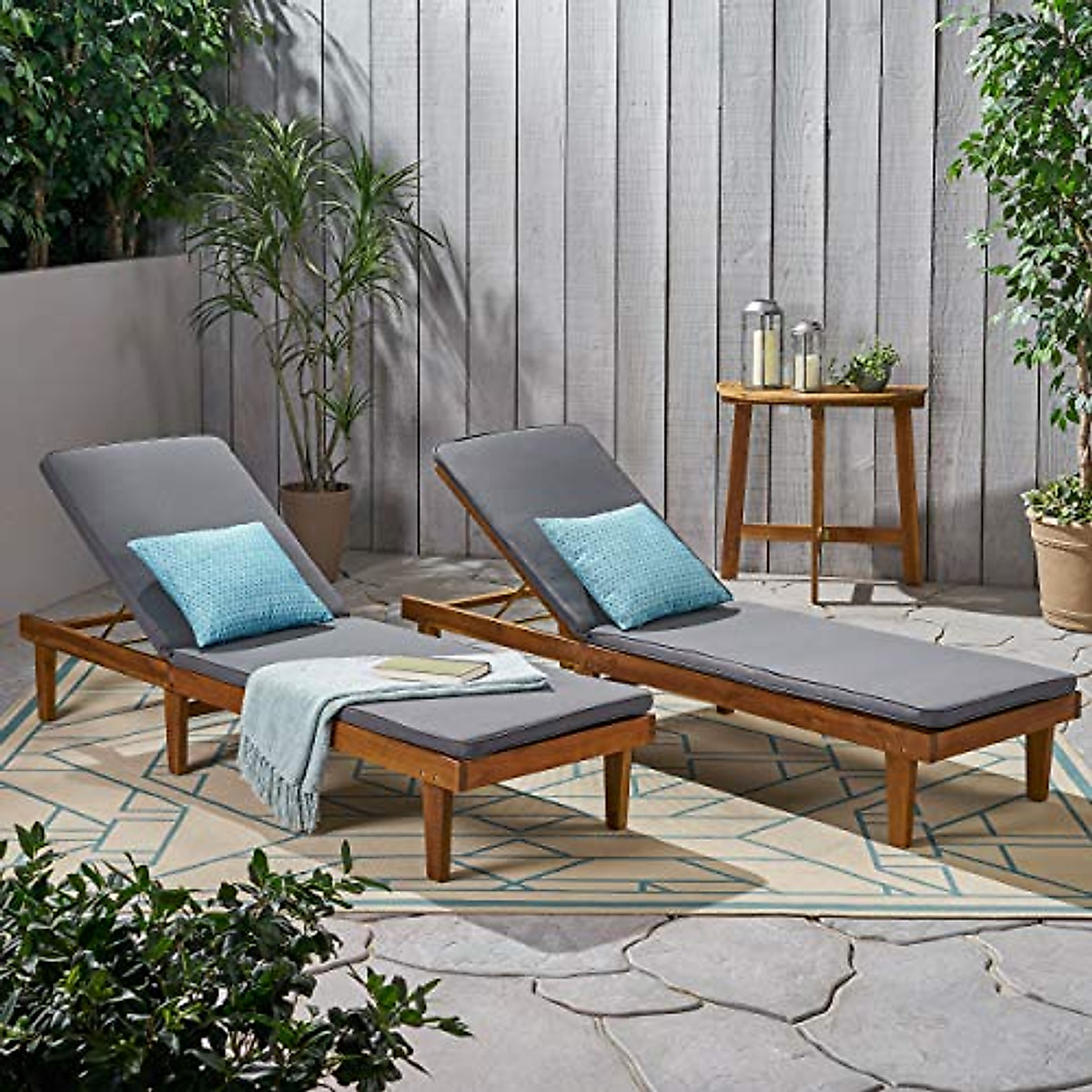 Christopher Knight Home Madge Oudoor Chaise Lounge with Cushion (Set of 2), Teak Finish, Dark Gray