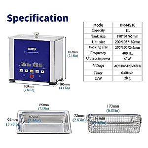 1L/0.26gal 60W Ultrasonic Eyeglasses Cleaner Longer and Wider Tank with Timer 0-60min and Heater 80 ℃ for Circuit Board Rings Eyeglasses Jewelry PCB Coin Razor BParts Silver Denture