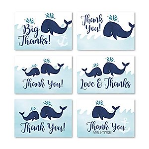 24 Blue Whale Baby Shower Thank You Cards With Envelopes, Kids Thank-You Note, 4x6 Gratitude Card Gift For Guest Pack For Party, Birthday, Boy or Girl Children, Cute Beach Nautical Event Stationery
