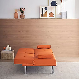 Foldable Futon Sofa Loveseat Convertible Sleeper Couch Bed for Small Space Apartment Office Living Room Furniture Sets with 2 Cup Holders, Tufted Back & Seat Orange PU Leather 67" W