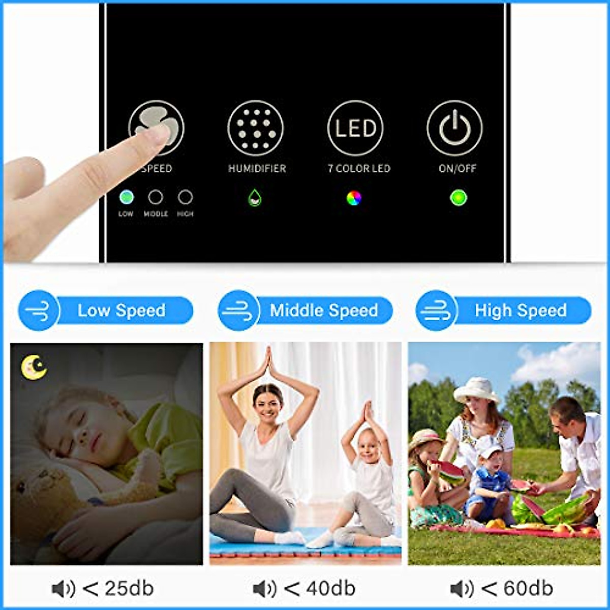 Portable Air Conditioner Fan, NEWXLT Evaporative Cooler Personal Humidifier Mini Desktop Cooling Fan USB Operated 7 Colors LED Light 3 Wind Speed Levels for Home Office Indoor Outdoor Use