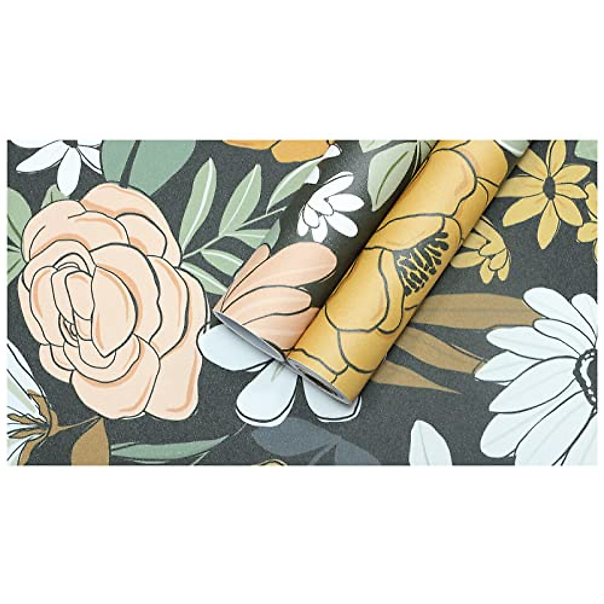HAOKHOME 93217 Vintage Large Floral Peel and Stick Wallpaper Removable Daisy Leaf Black/Sand/Oliva Vinyl Self Adhesive Mural 17.7in x 6.6ft
