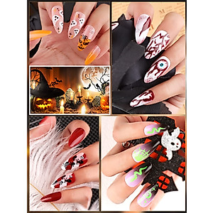 144PCS Halloween False Nails, Lorvain Halloween Artificial Nails Acrylic Full Cover Nails Fake Fingernails Press on Nails with 6PCS Nail Glue for Women Girls DIY Nail Art Salon Home (Almond)