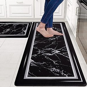 ASPMIZ 2 PCS Kitchen Rugs Non Slip, Black Marble Kitchen Mats Cushioned Anti Fatigue, Comfort Standing Mat for Kitchen Floor, Marble Kitchen Rugs Sets of 2 Washable, 18'' x 48'' + 18'' x 30''