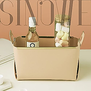 SINOWE Decorative Faux Leather Basket,Small Catchall Basket for Entryway Bedside Dresser End table,Collapsible Rectangle Tray Organizer Box (Nude)