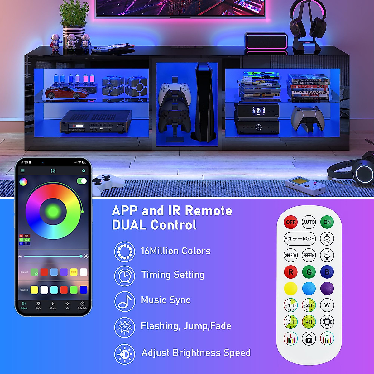 Vinctik 6&Fox High Gloss LED TV Stands w/Power Outlet,60,000-Colors Lighting for 55 60 65inch TV,Modern Black LED Entertainment Center w/Adjustable Glass Shelves for Living Room Gameroom Bedroom