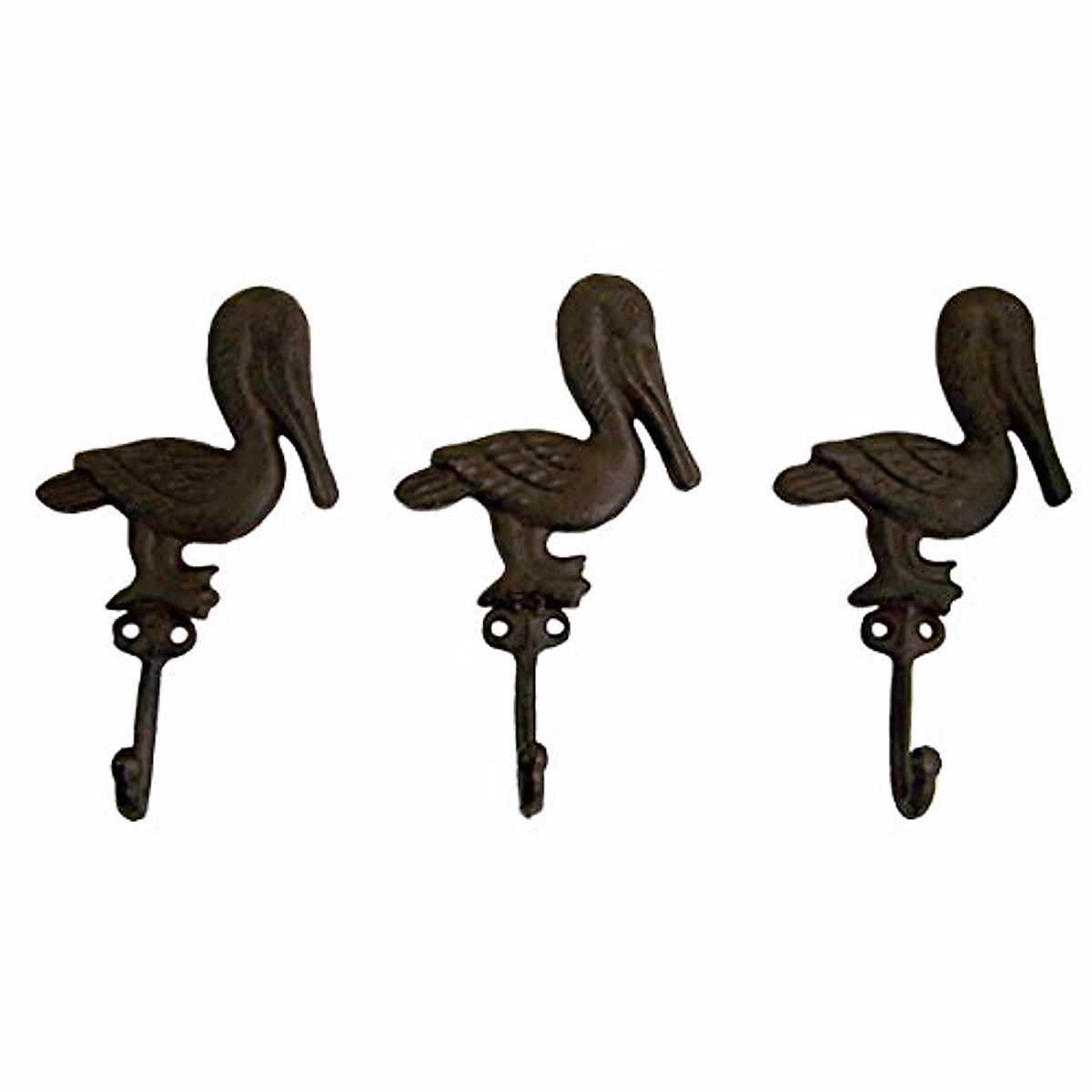 Wowser Rustic Brown Cast Iron Pelican Wall Hooks, Set of 3, 7 1/2 Inch