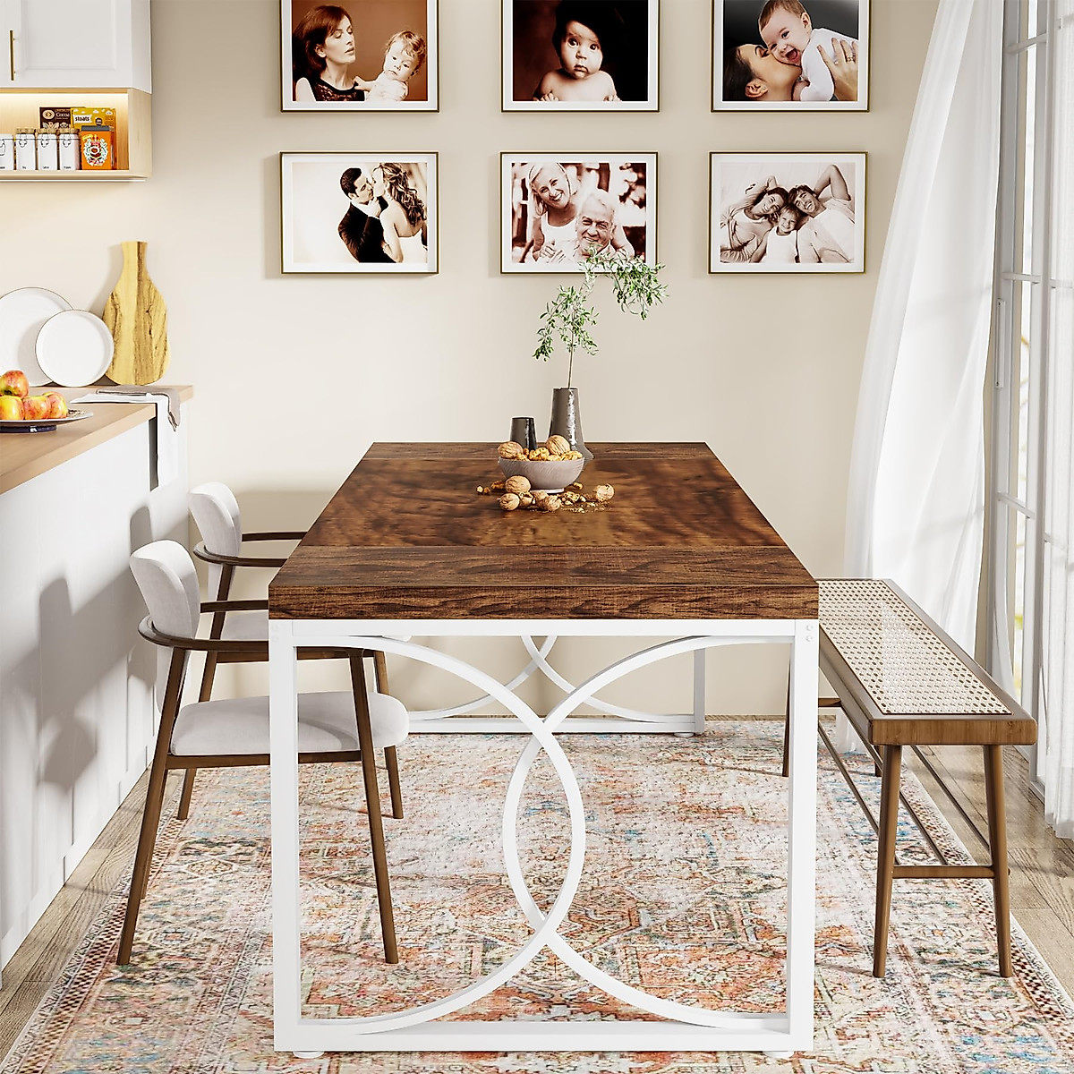 Tribesins Rectangular Dining Table, 63-inch Wood Kitchen Table with Strong Metal Frame, Industrial Large Long Dining Room Table for 4-People Family (Walnut and White)