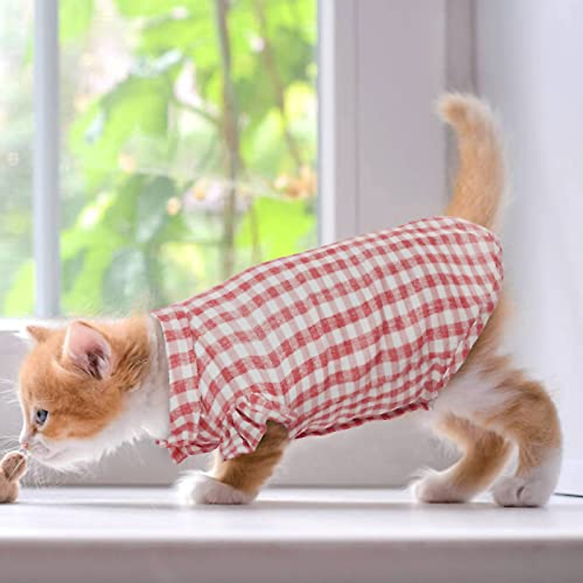 Yagamii Cotton Cat Clothes White and Red Plaid Cat Shirt with Cute Sleeves Dog Pet Apparel Kitten T-Shirt Breathable Pet Clothes Outfit Cat Costume for Kitty Small Dogs Puppy