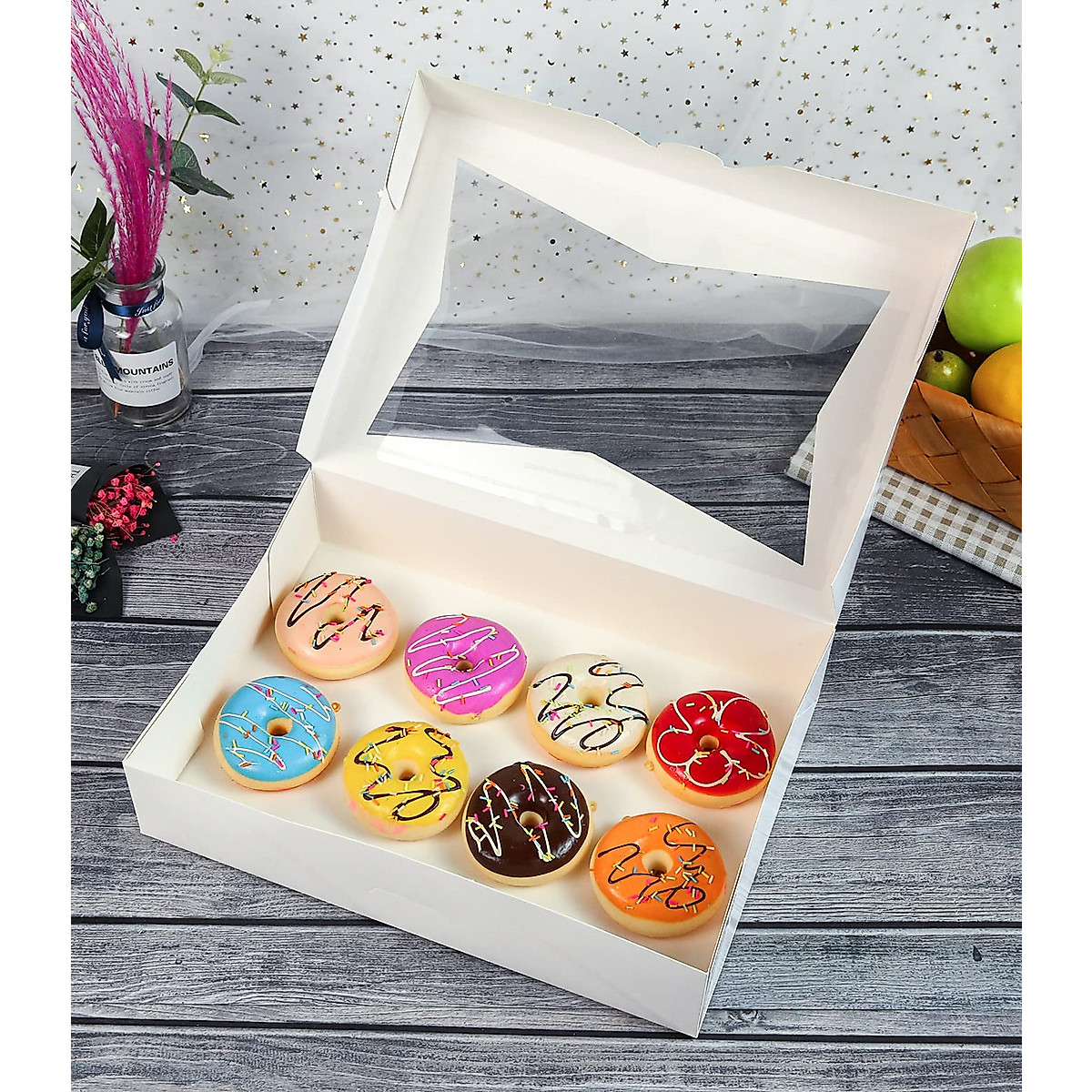 SOROO 15-PACK White Pastry Bakery Box 16x11x2.75inch,Large Donuts,Muffins,Cookies Boxes with PVC Window Auto-Pop up Paper Box Nature Cardboard Take Out Container,Hold 12 Donuts,Pack of 15