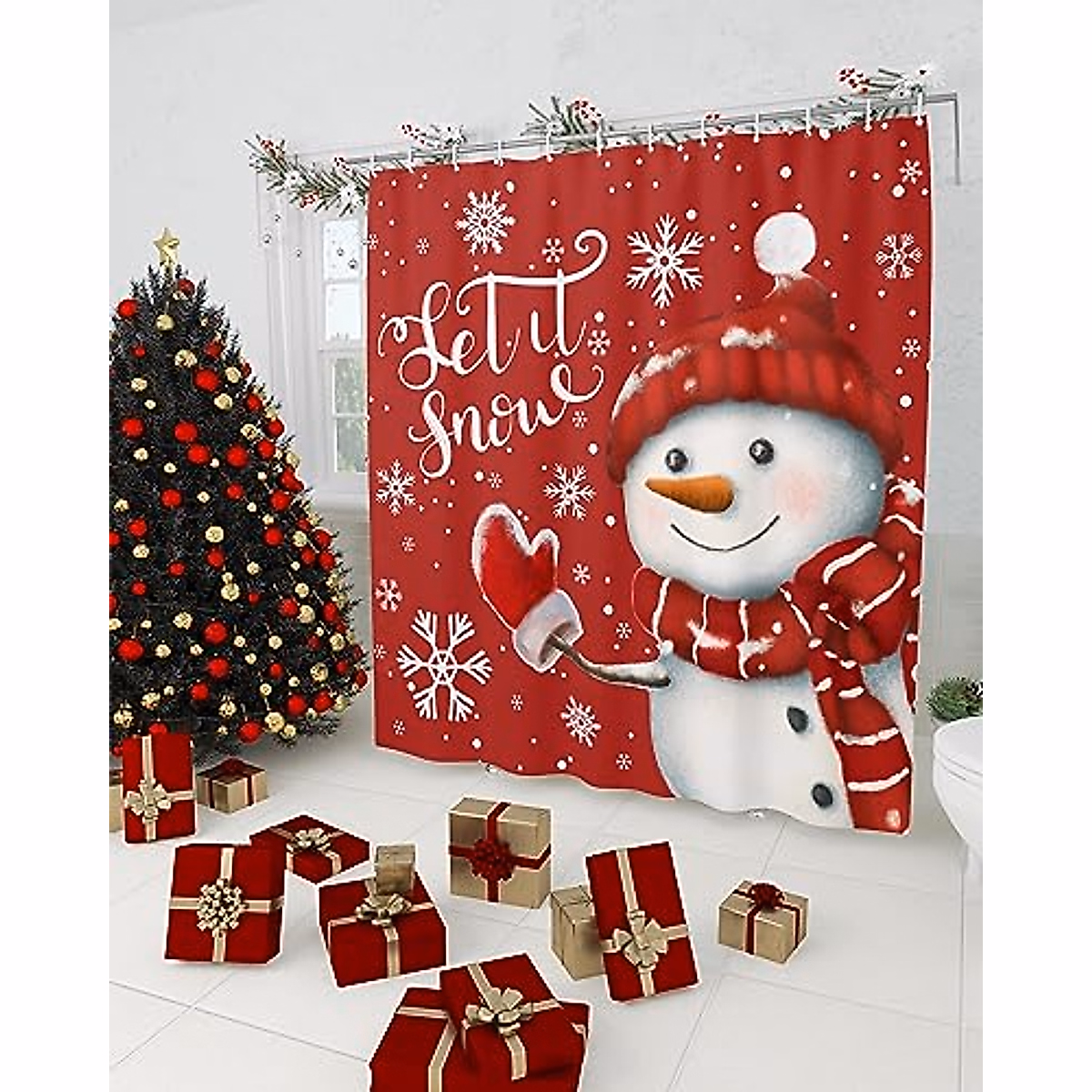 Waterproof Fabric Shower Curtain, Red Snowman Christmas Shower Curtain for Bathroom Curtains Bathtubs Hotel Washable Bath Shower Curtains with 12 Hooks Winter Snowflake Xmas Let-It-Snow 54x78in