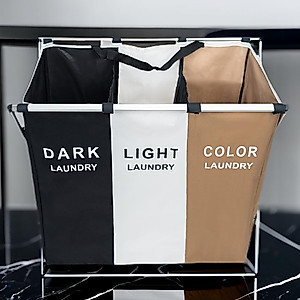 DIOBVNG Laundry Basket 3 Section,Foldable Dirty Laundry Hamper, Hampers for Laundry,Clothes Baskets With Side Pocket,Laundry Sorter（Black and white brown）